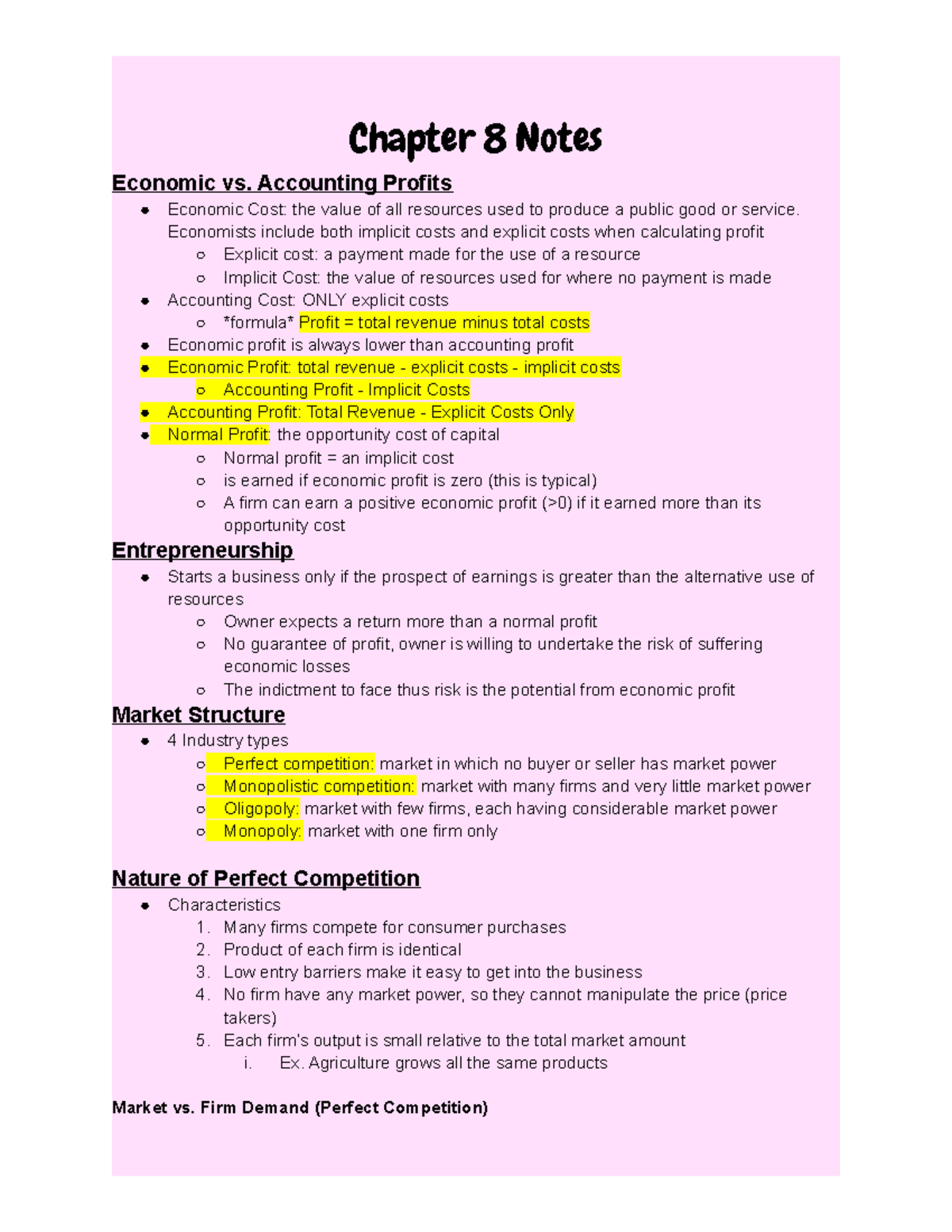 Chapter 8 Notes: Economic vs. Accounting Profits & Market Structures ...
