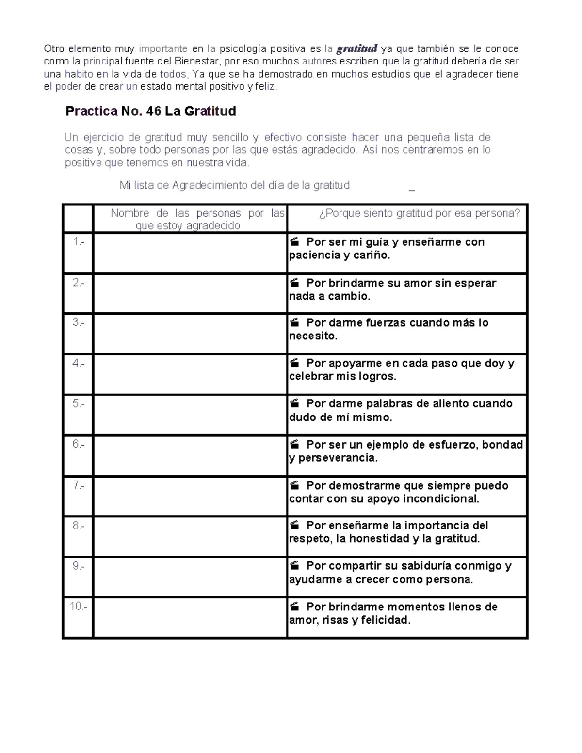 Tablas de Gratitud Actividad 2 - Otro elemento muy importante en la ...