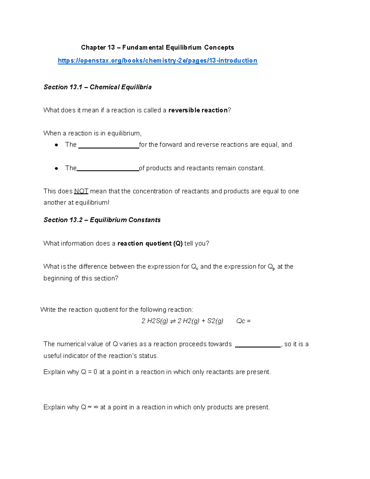 Chapter 13 Guided Notes: Fundamental Concepts of Chemical Equilibria ...
