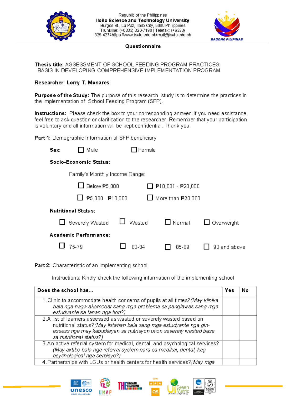 Assessment of School Feeding Program Practices: Questionnaire for SFP ...