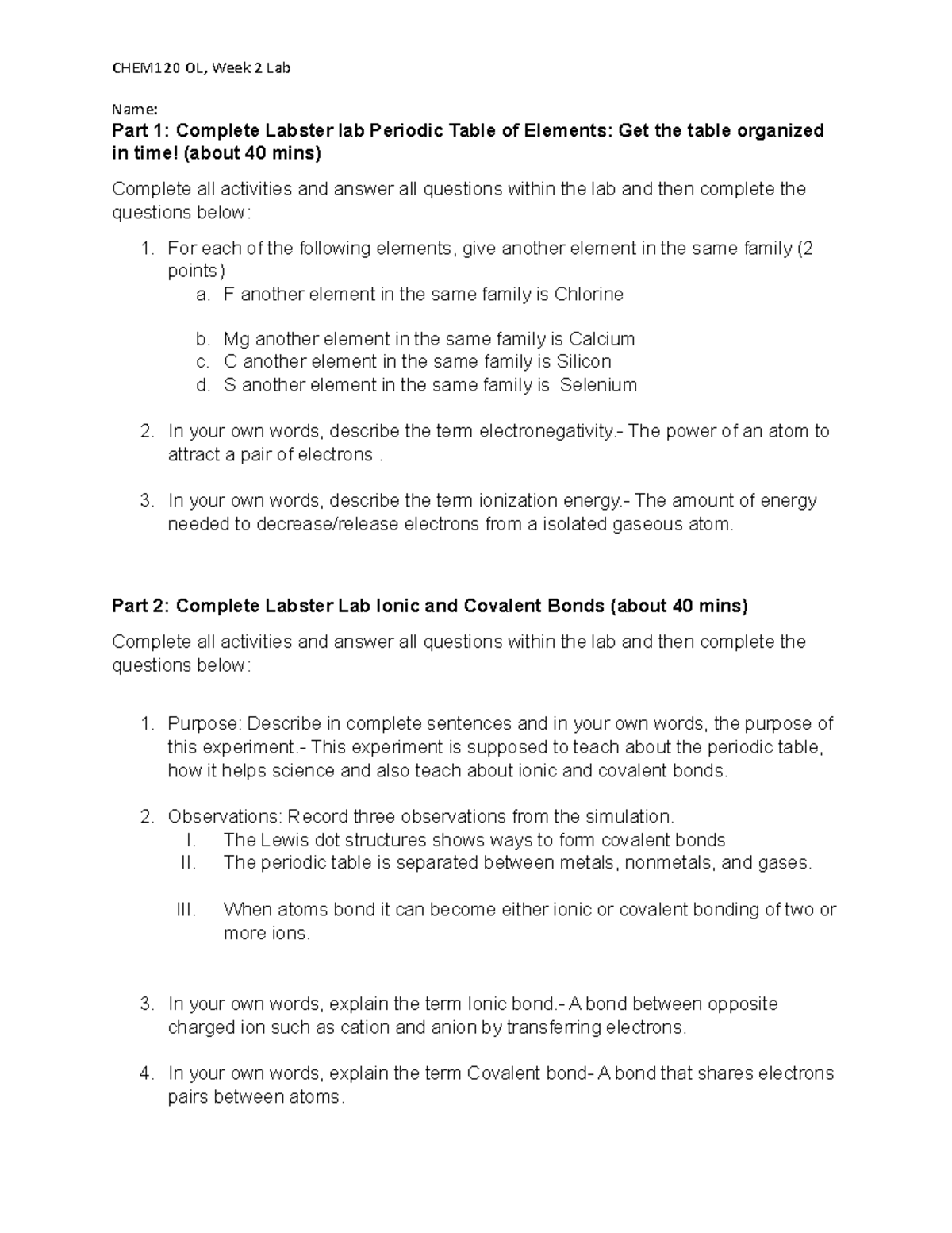 Chem LAB 2 - Week 2 Lab Part 3 - CHEM120 OL, Week 2 Lab Name: Part 1: Complete Labster lab ...