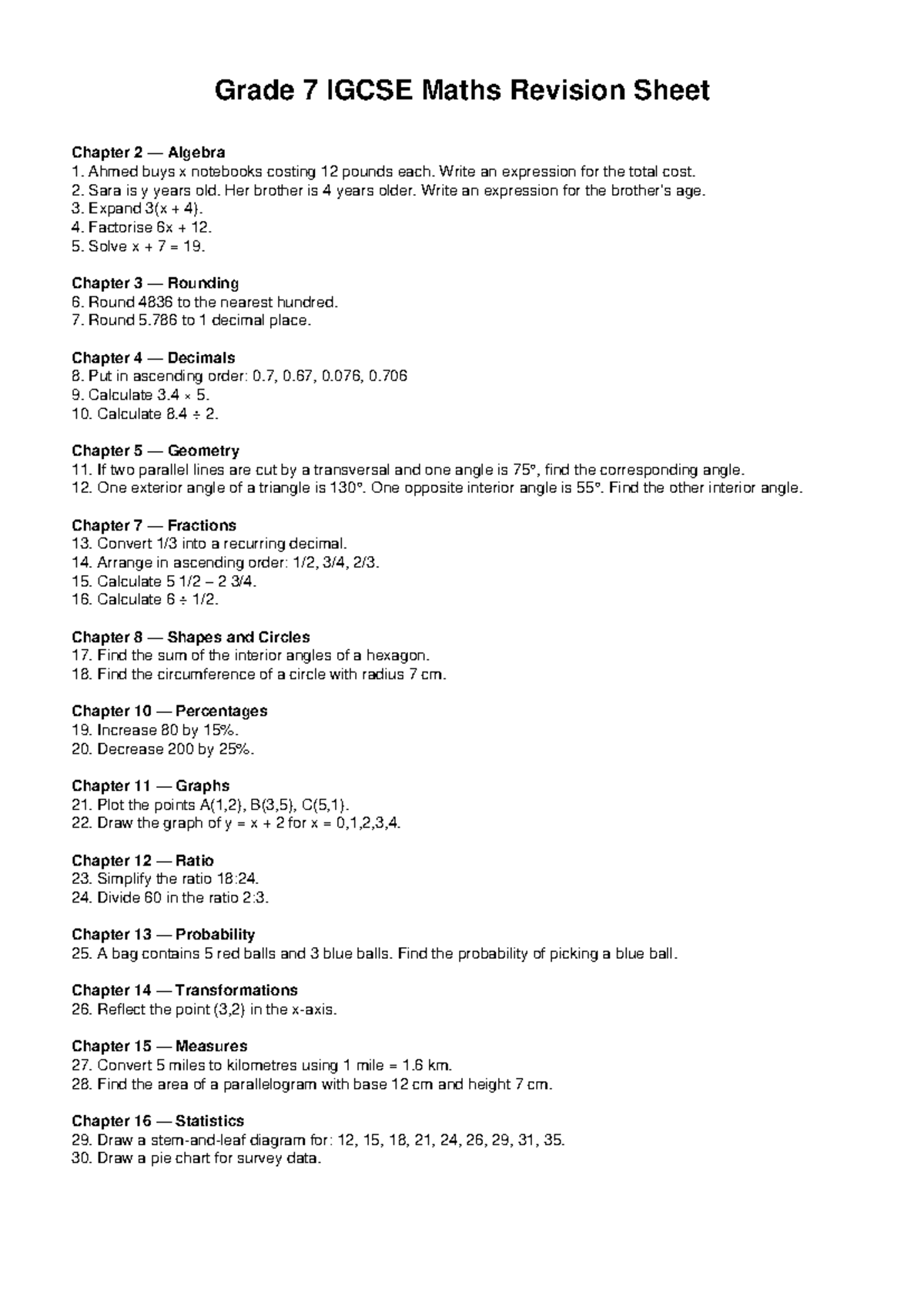 Grade 7 IGCSE Maths Revision Sheet: Key Concepts & Exercises - Studocu