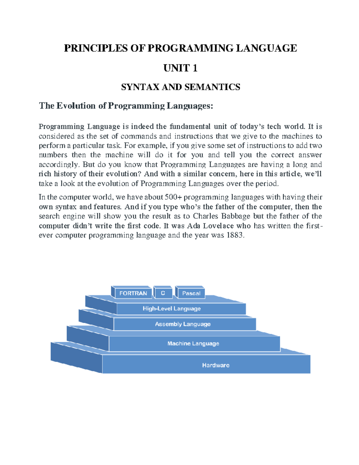 PPL UNIT 1: Evolution of Programming Languages and Syntax - Studocu