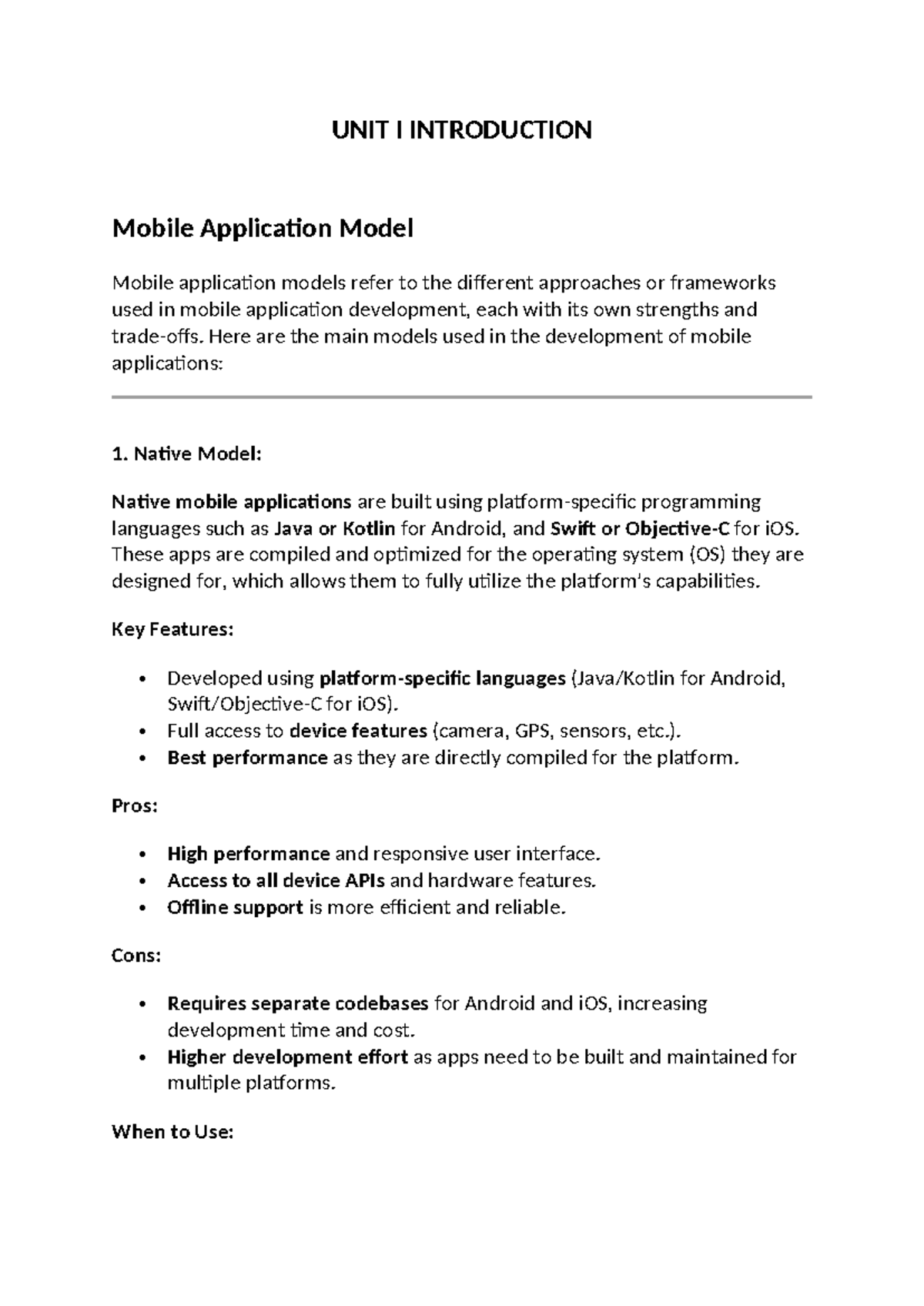 UNIT I: Introduction to Mobile Application Models and UI Design - Studocu