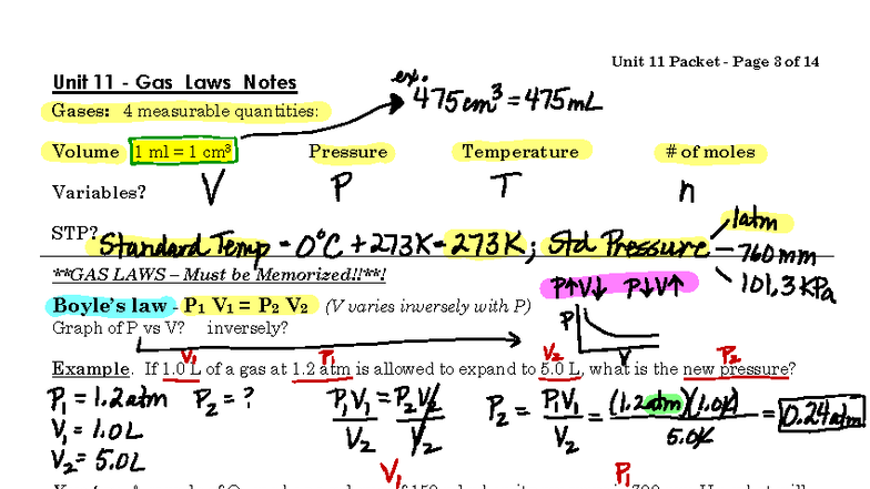 Unit 11 Gas Laws Notes: Key Concepts & Examples - Studocu