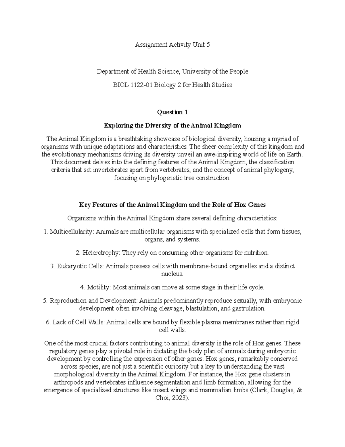 BIOL 1122-01 Unit 5 Assignment: Exploring Animal Kingdom Diversity ...