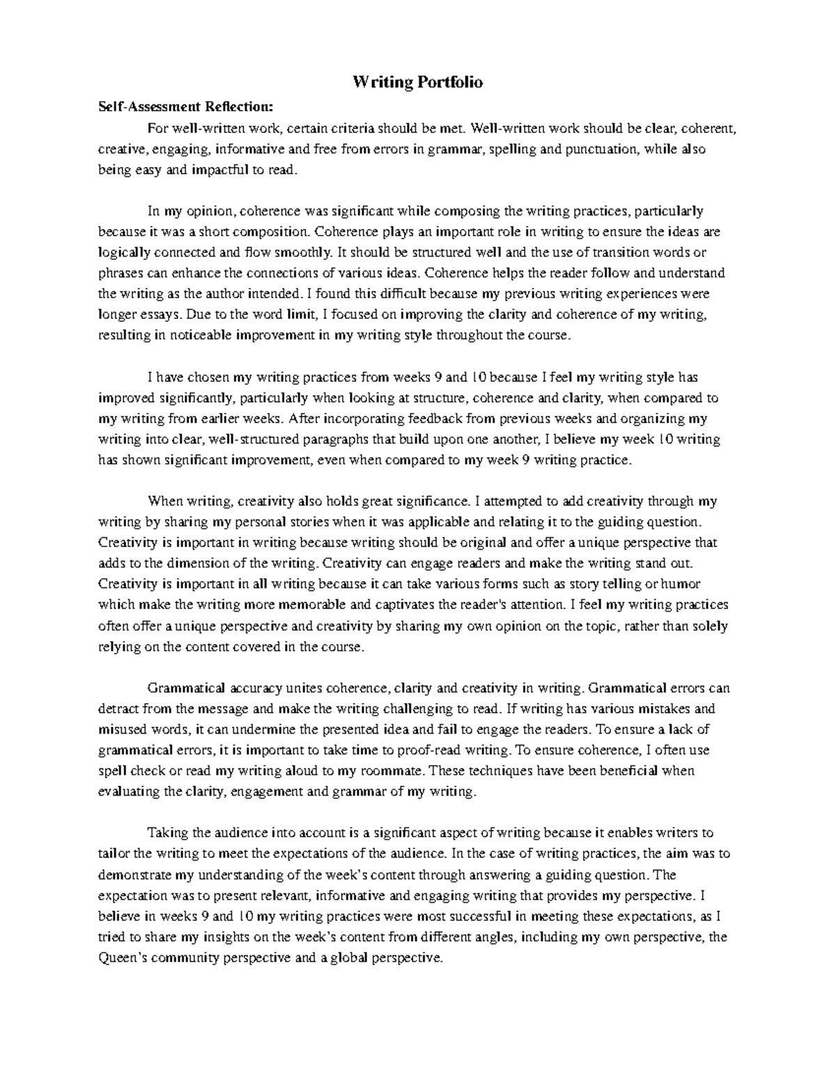 ENG 201 Writing Portfolio: Self-Assessment & Reflection on Growth - Studocu