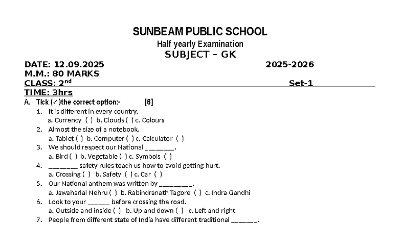 Class 2 gk set 1 half yearly - SUNBEAM PUBLIC SCHOOL Half yearly ...