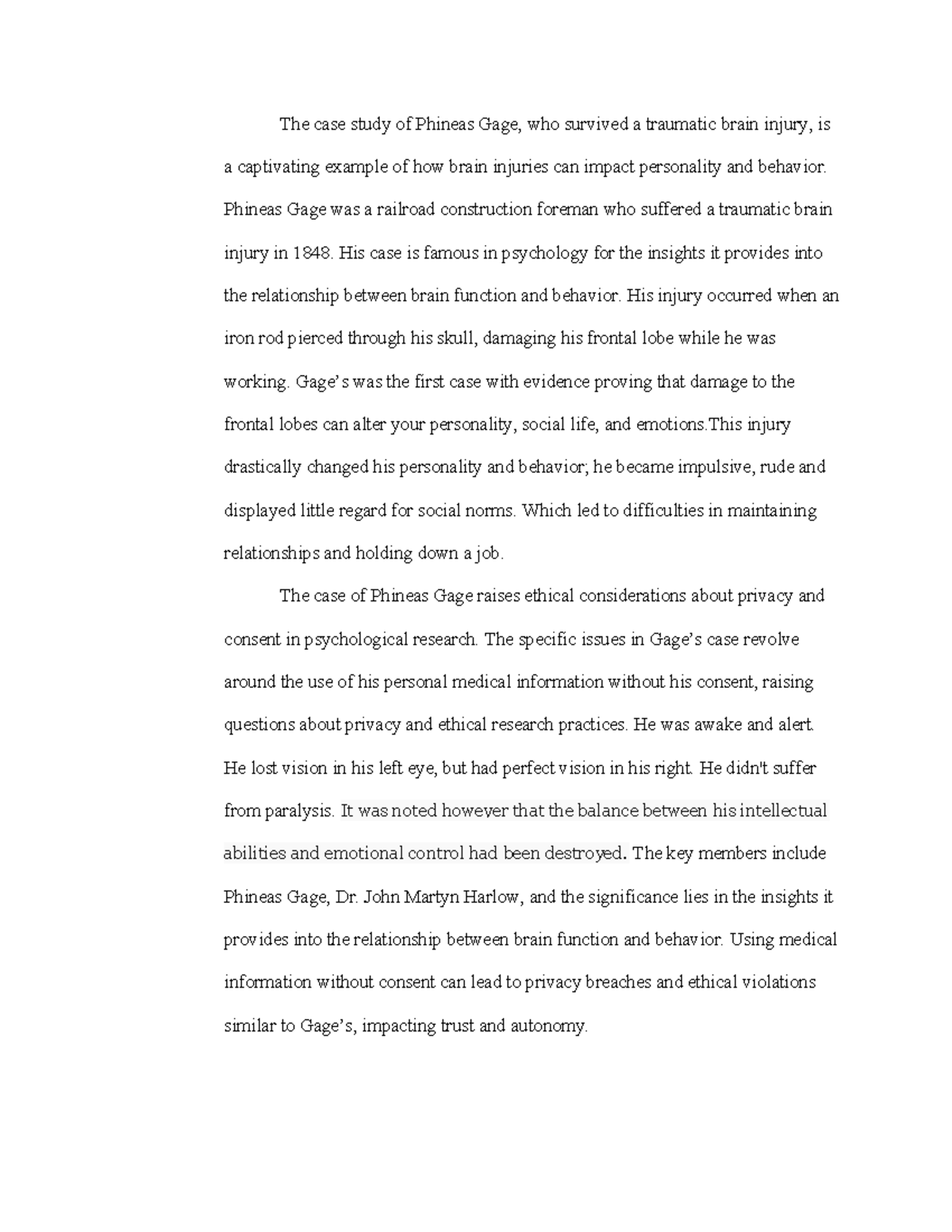 Psychology Case Study: Phineas Gage's Brain Injury Impact - Studocu