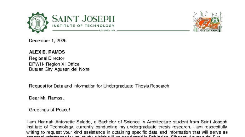 DPWH Request Letter for Thesis Research Data - BS Arch - Studocu