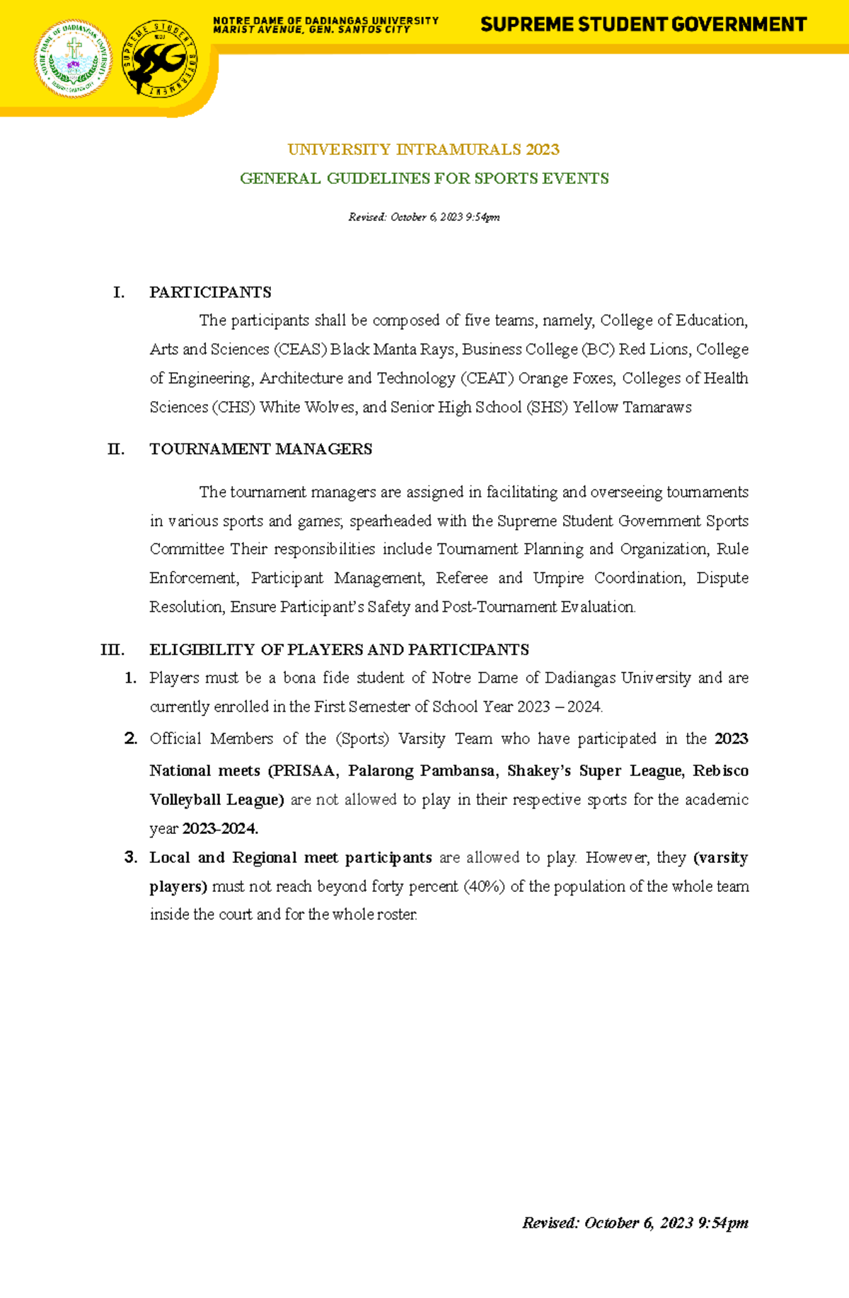 Intramurals 2023 General Guidelines for Sports Events - Studocu