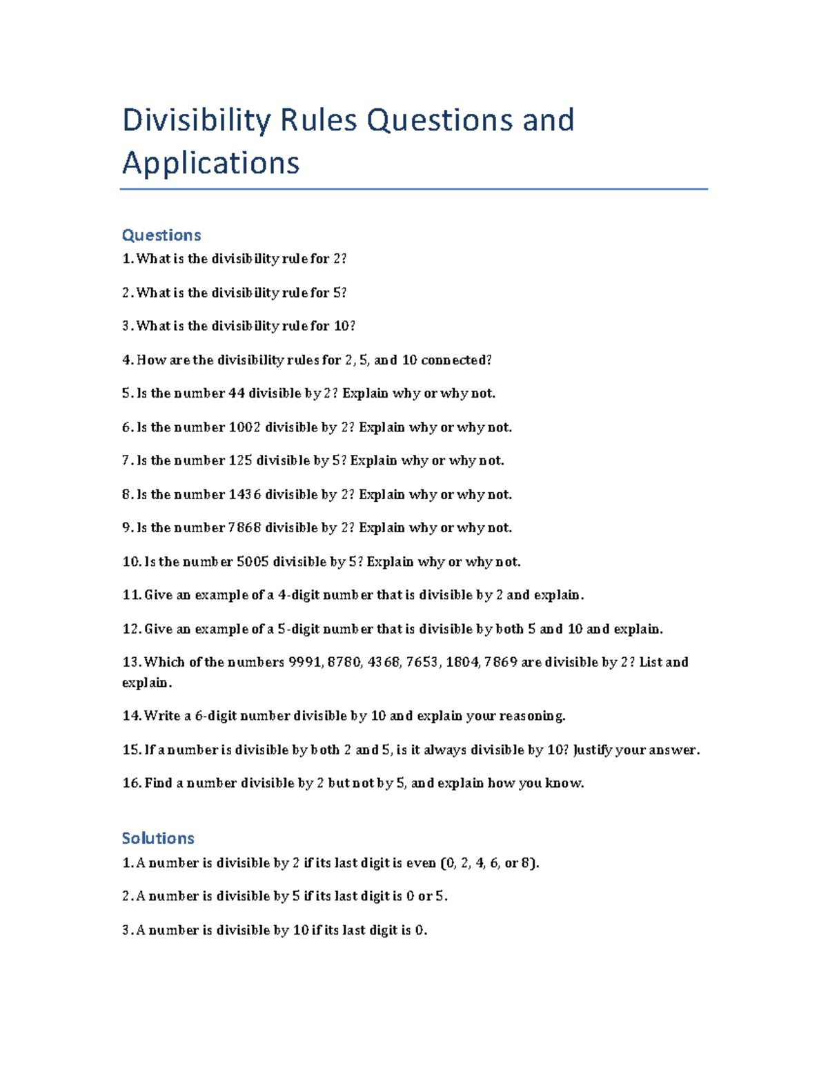 Divisibility Rules Q&A: Understanding 2, 5, and 10 - Studocu