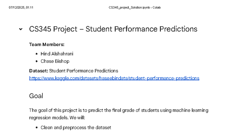 CS345 Project: Student Performance Prediction Solution - Studocu