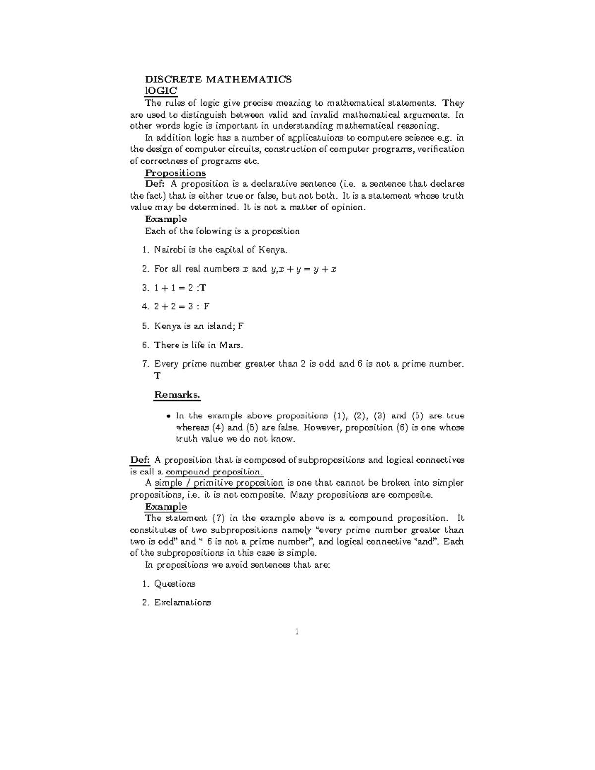 Discrete Mathematics: Logic and Propositions (Course Code: DM101) - Studocu