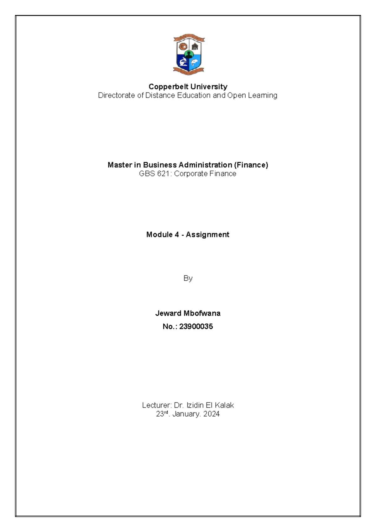 Module 4 - Assignment - Copperbelt University Directorate of Distance ...