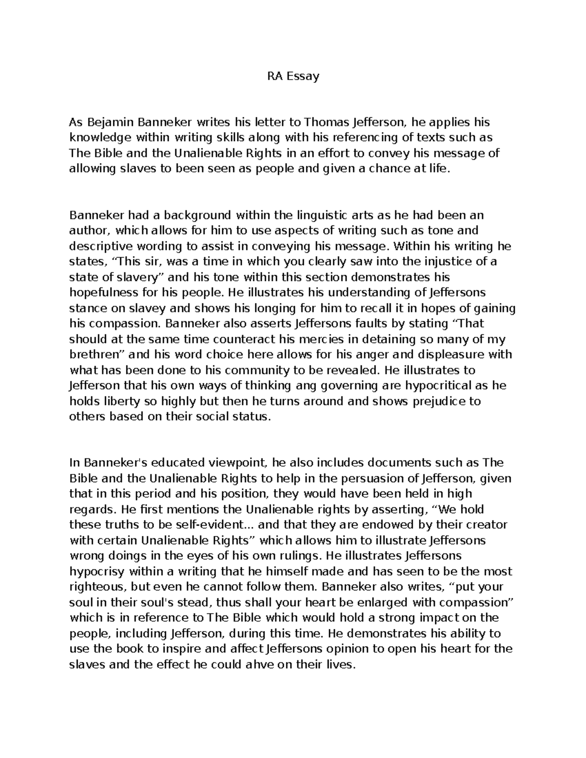 RA Essay: Examining Banneker's Persuasion of Jefferson on Slavery - Studocu