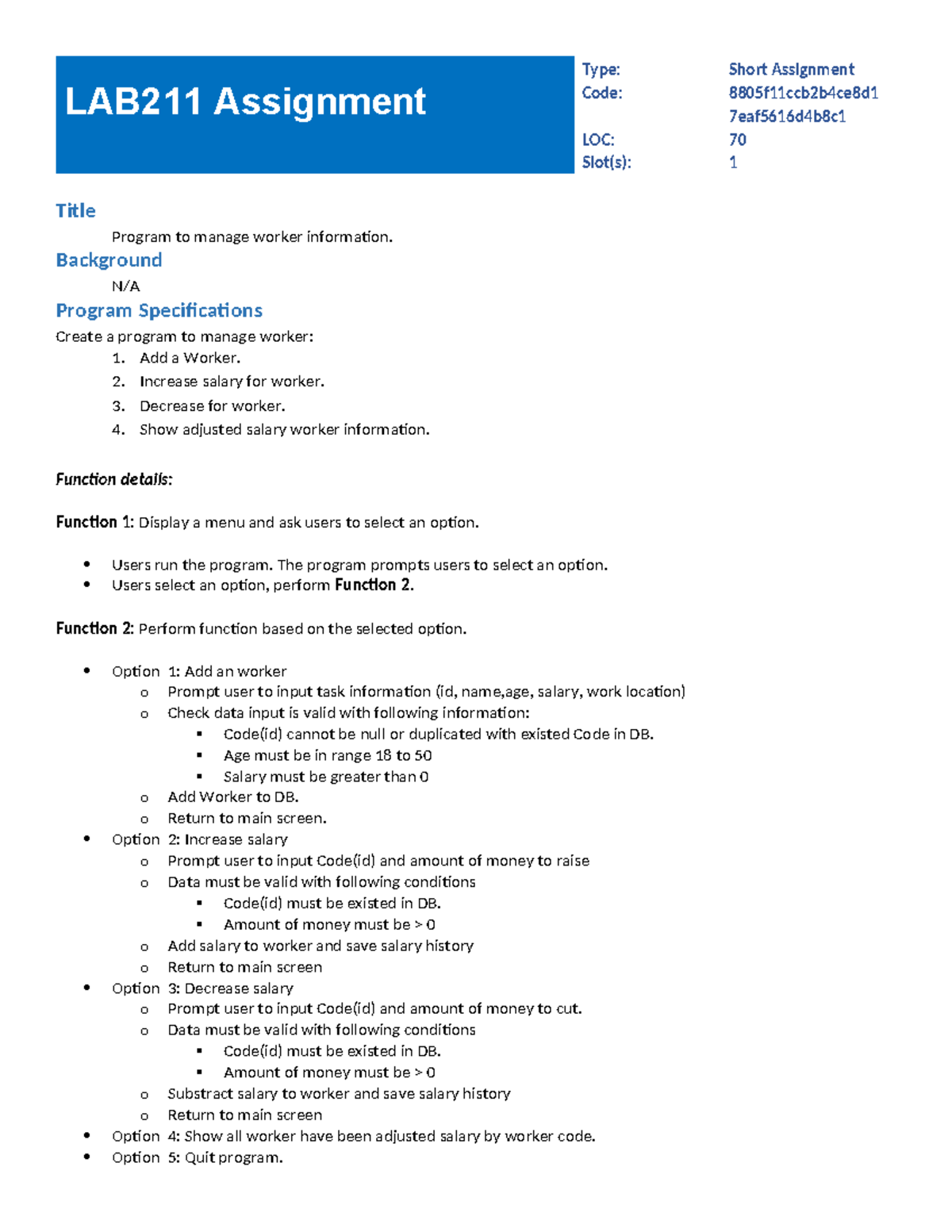J1 - tai lieu hoc thuat - LAB211 Assignment Type: Short Assignment Code ...