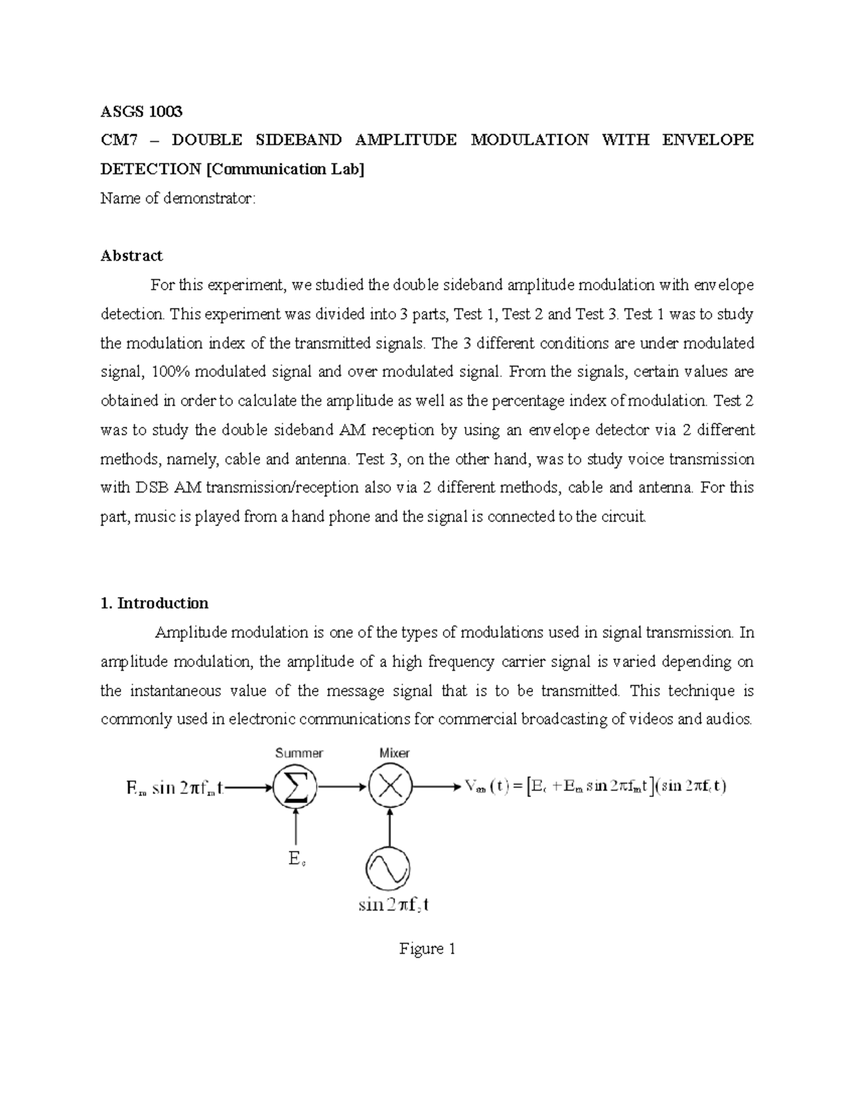 ASGS 1003: Double Sideband AM with Envelope Detection Lab Report - Studocu
