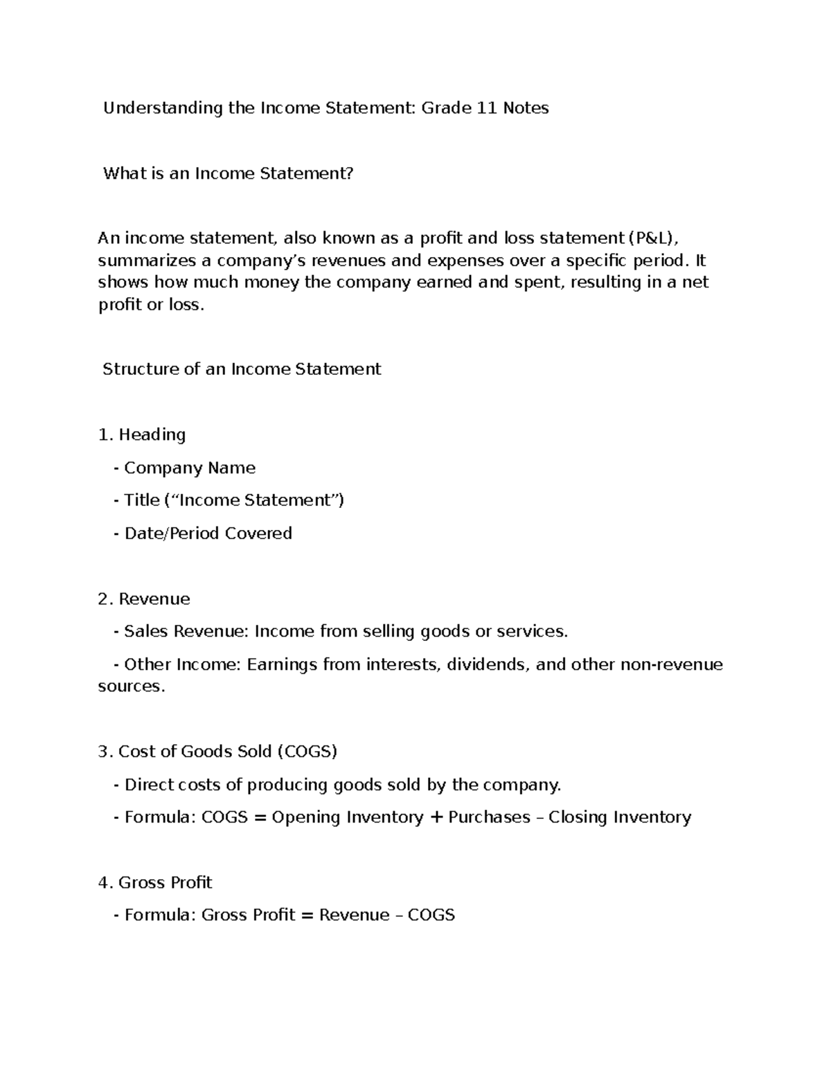 Understanding the Income Statement: Grade 11 Accounting Notes - Studocu