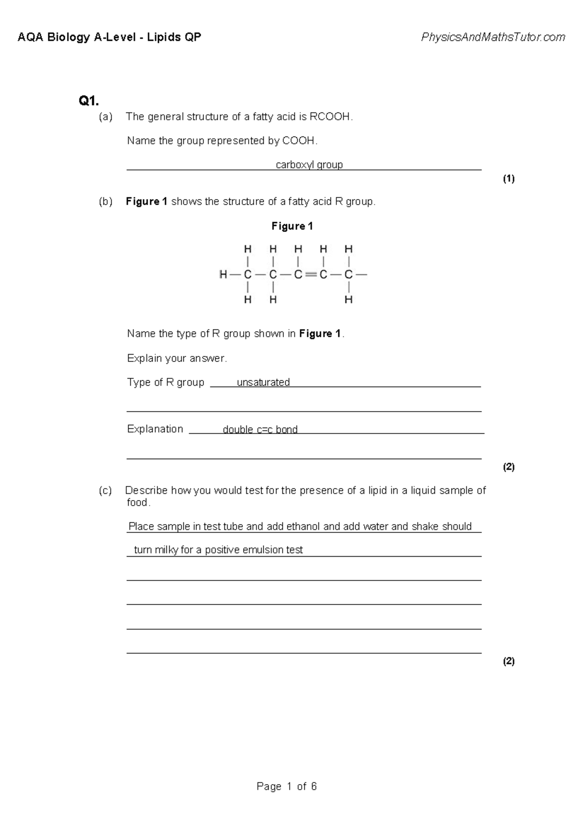 AQA Biology 1.3 Lipids Quiz Paper: Structure & Testing of Lipids - Studocu