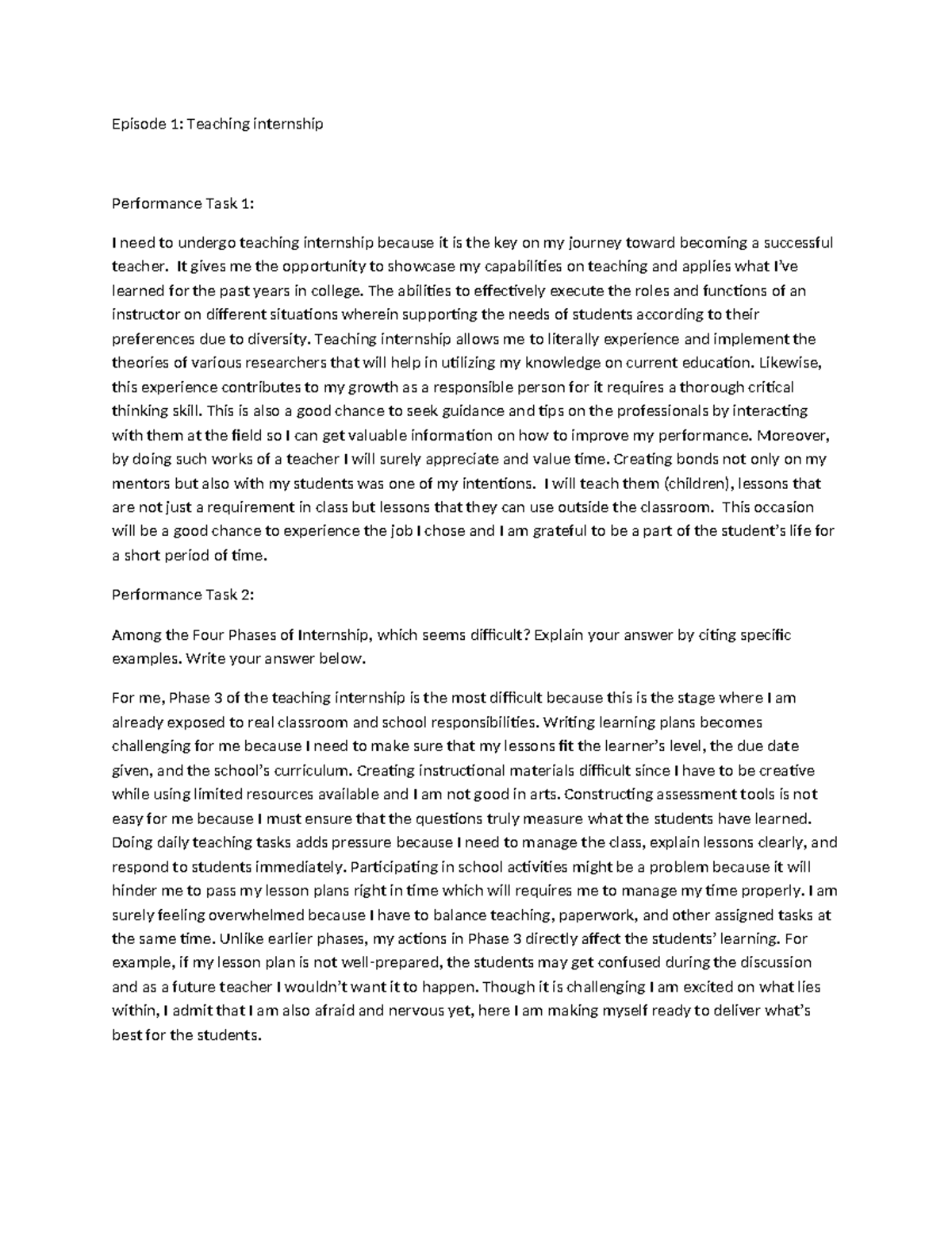 Teaching Internship 1: Insights and Reflections on Performance Tasks ...