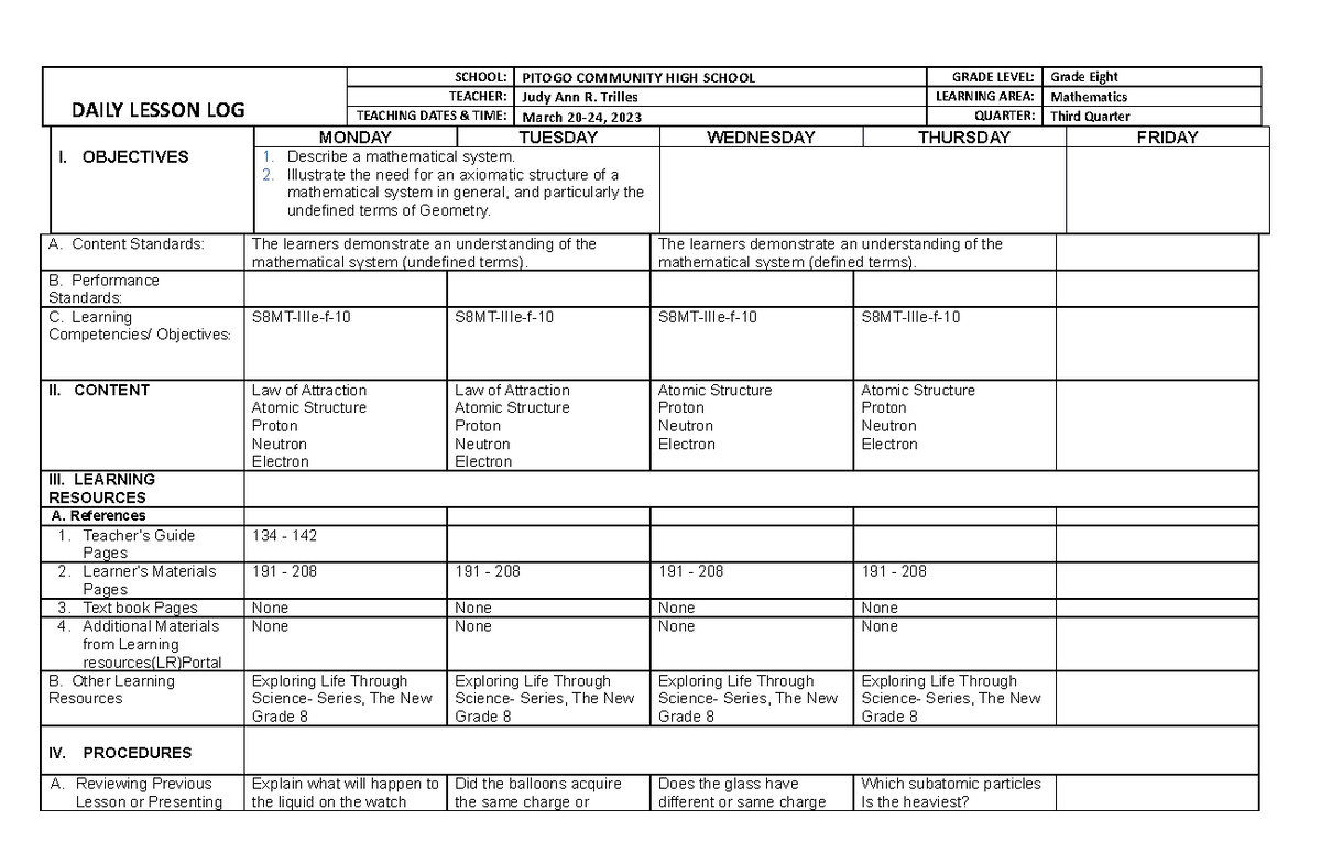 3RD-DLL MATH-8 Daily Lesson Log for Grade 8 (March 20-24, 2023) - Studocu