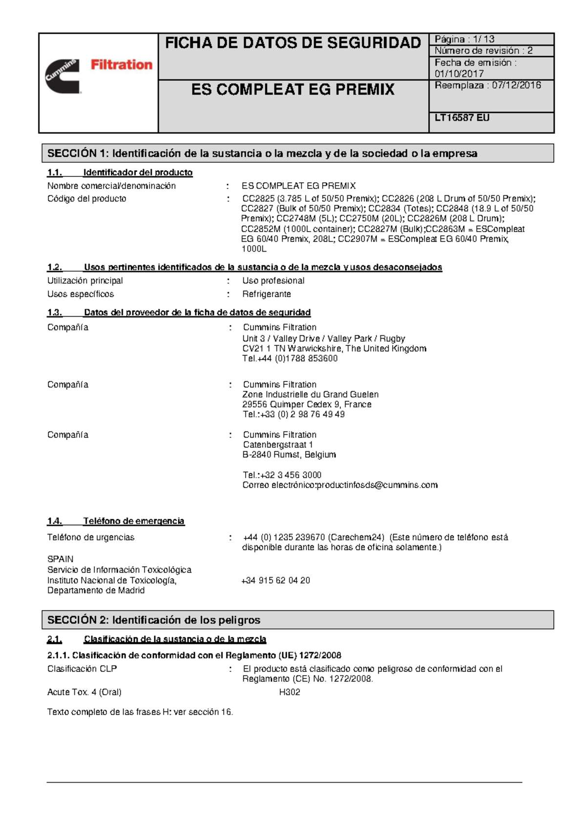 04. MSDS Compleat EG Premix - FICHA DE DATOS DE SEGURIDAD Número de ...
