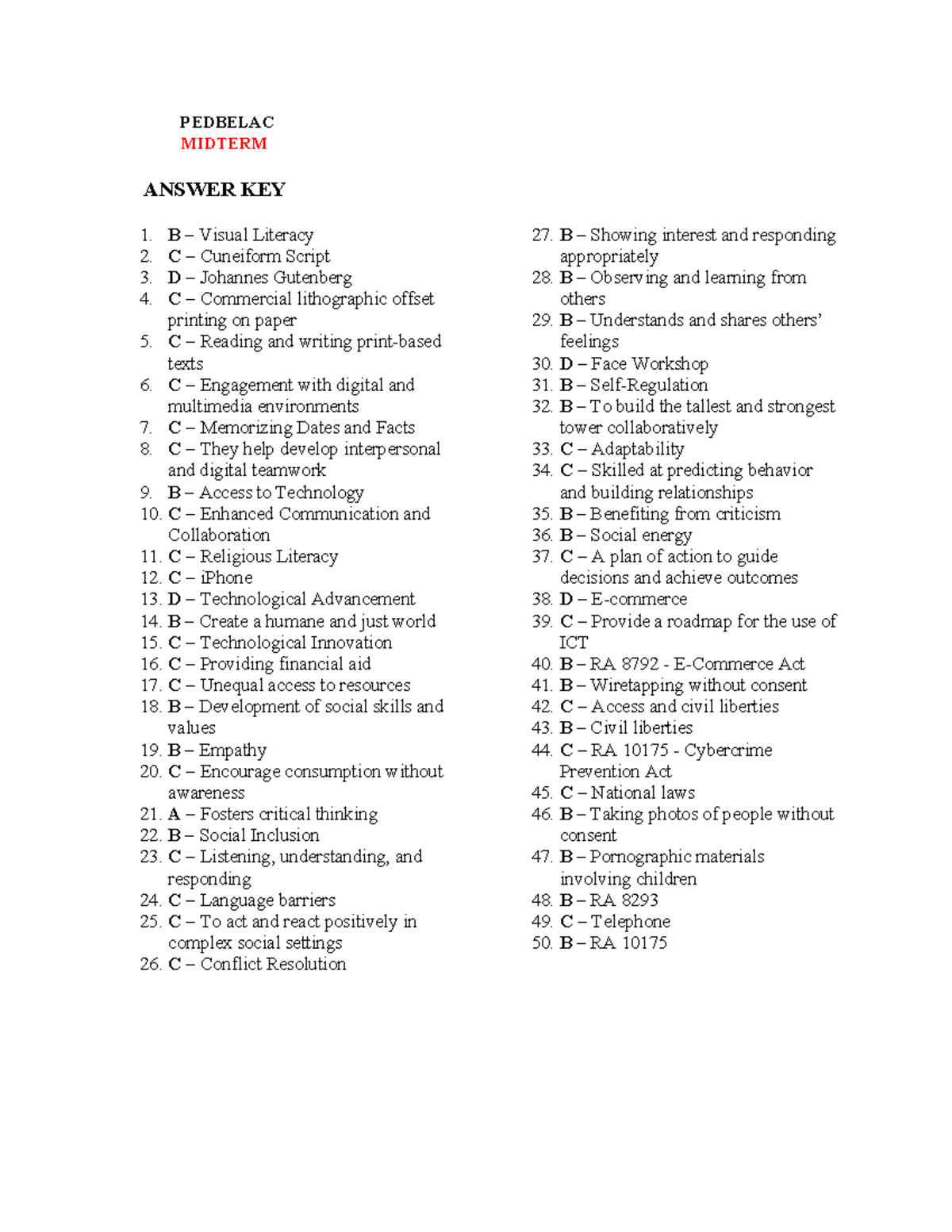 PEDBELAC MIDTERM EXAM ANSWER KEY: QUESTIONS 1-50 - Studocu