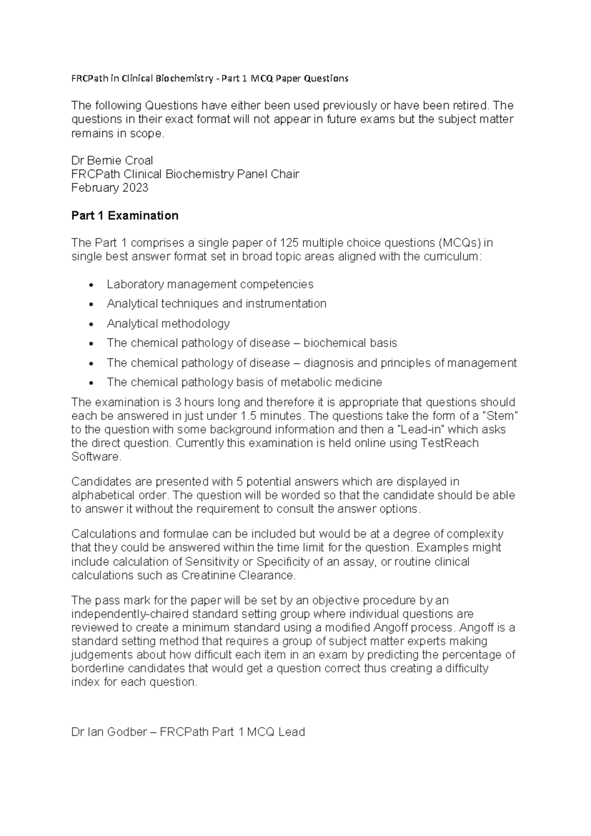 FRCPath Part 1 Clinical Biochemistry: Sample MCQ Exam Paper - Studocu