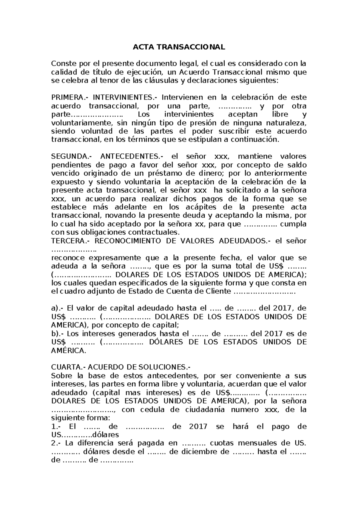 ACTA TRANSACCIONAL: Acuerdo de Pago y Reconocimiento de Deuda - Studocu