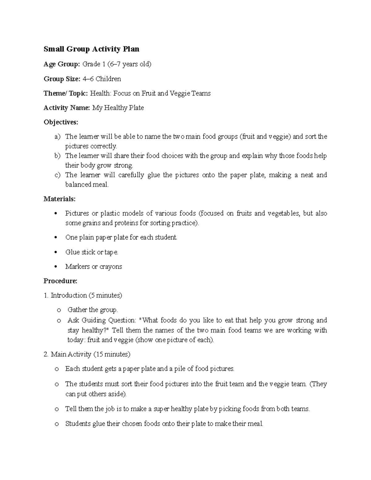 Grade 1 Health Activity: My Healthy Plate Plan - Studocu