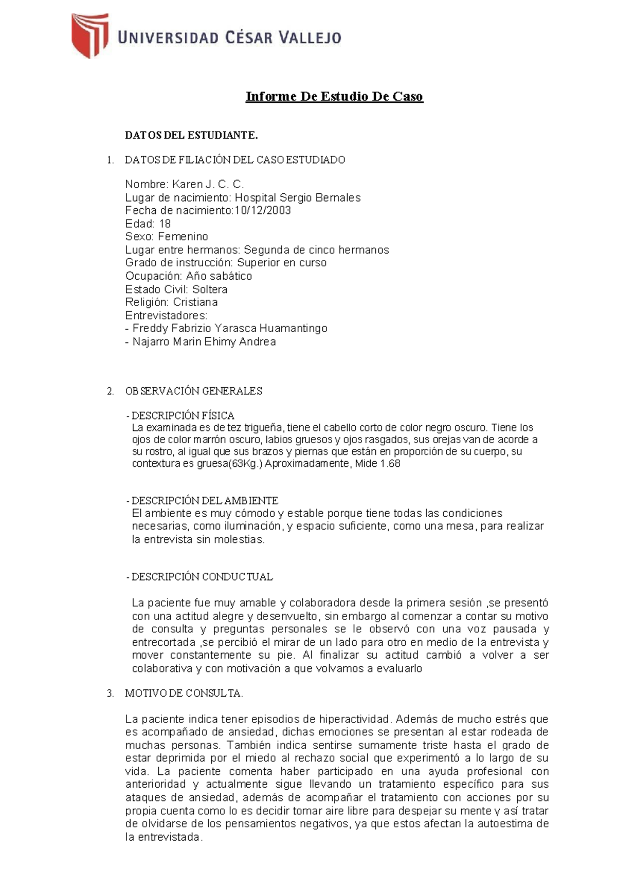 Estudio de Caso: Evaluación Psicológica de Karen J. C. - Psicología V ...