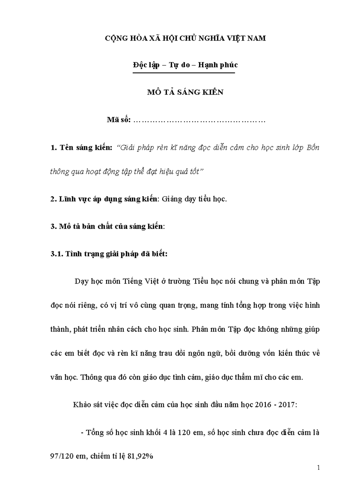 SKKN: Rèn Kỹ Năng Đọc Diễn Cảm Cho Học Sinh Lớp Bốn Qua Hoạt Động Tập ...