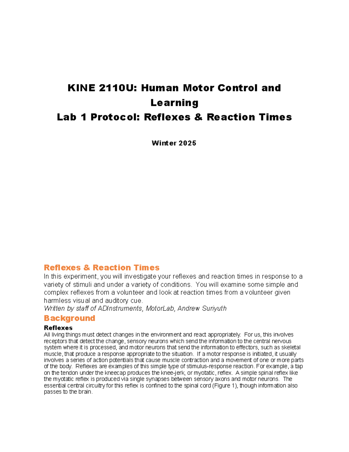 KINE 2110U: Human Motor Control Lab 1 - Reflexes & Reaction Times - Studocu