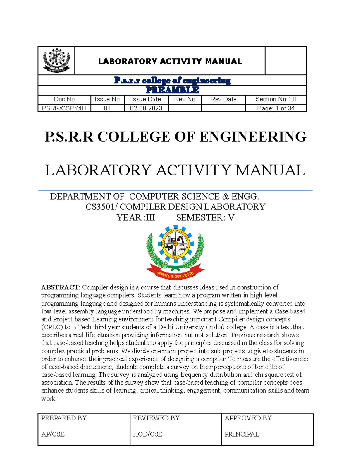 CS3501 Compiler Design Lab Manual for Lexical Analysis and YACC - Studocu