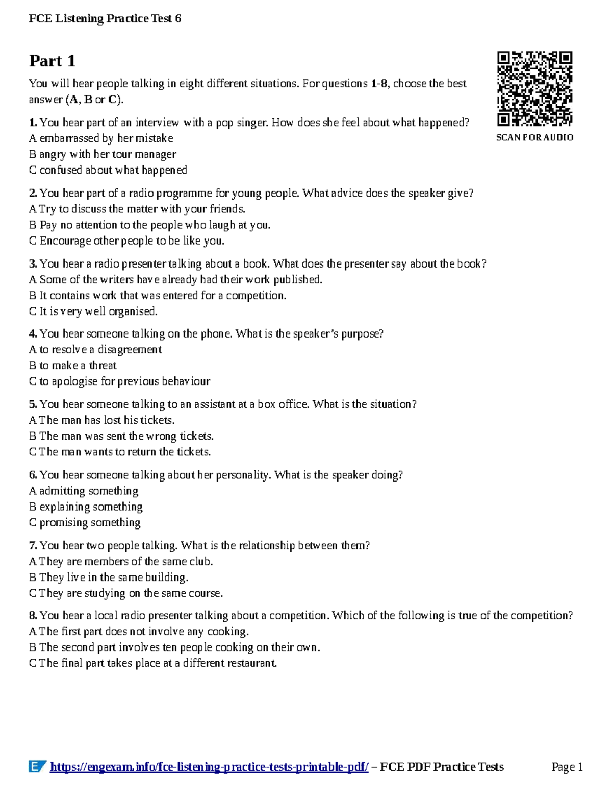 FCE Listening Practice Test 6 - Printable Version (2024 Edition) - Studocu