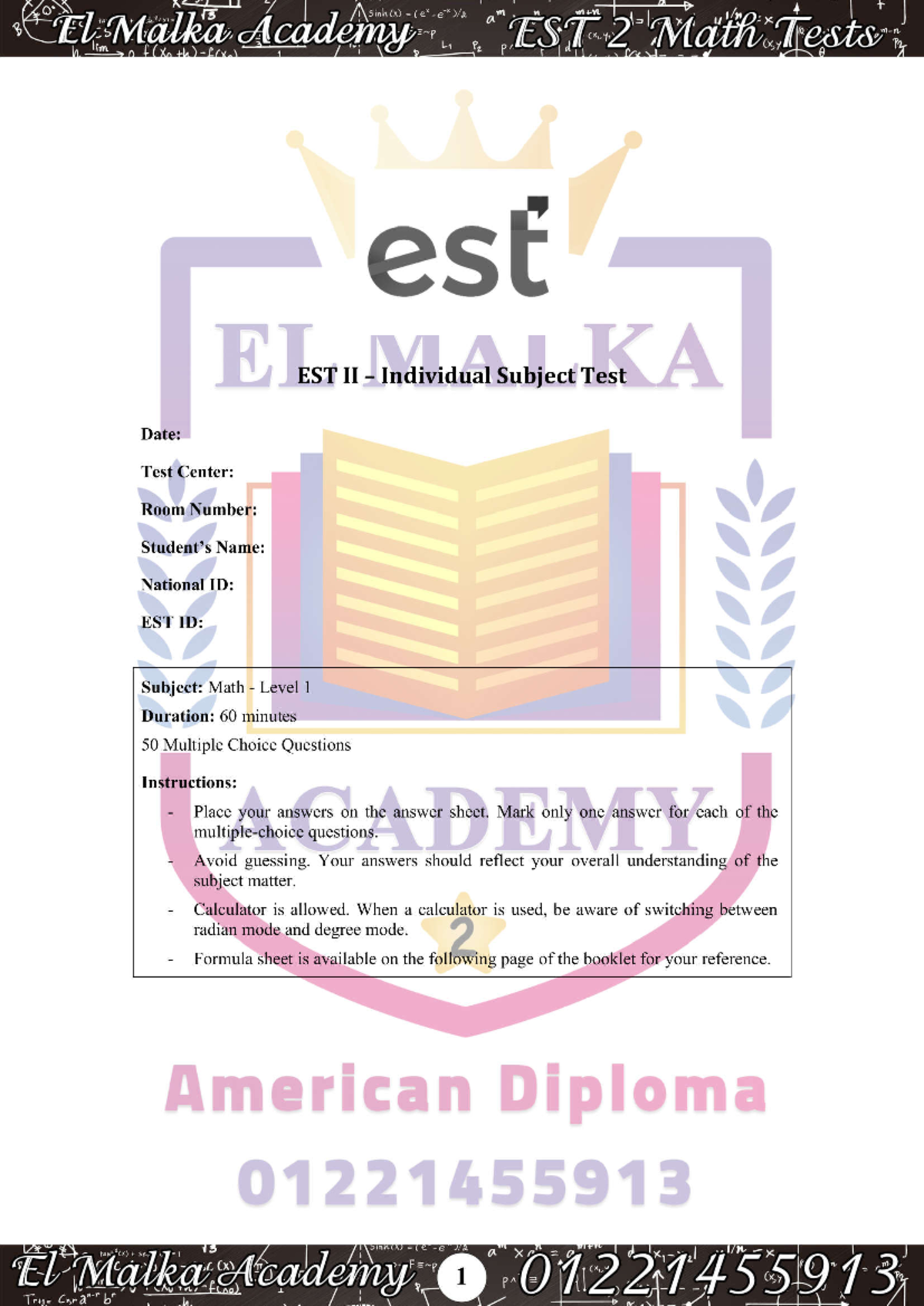 EST 2 Math Level 1 Individual Test - April 2025 - Studocu