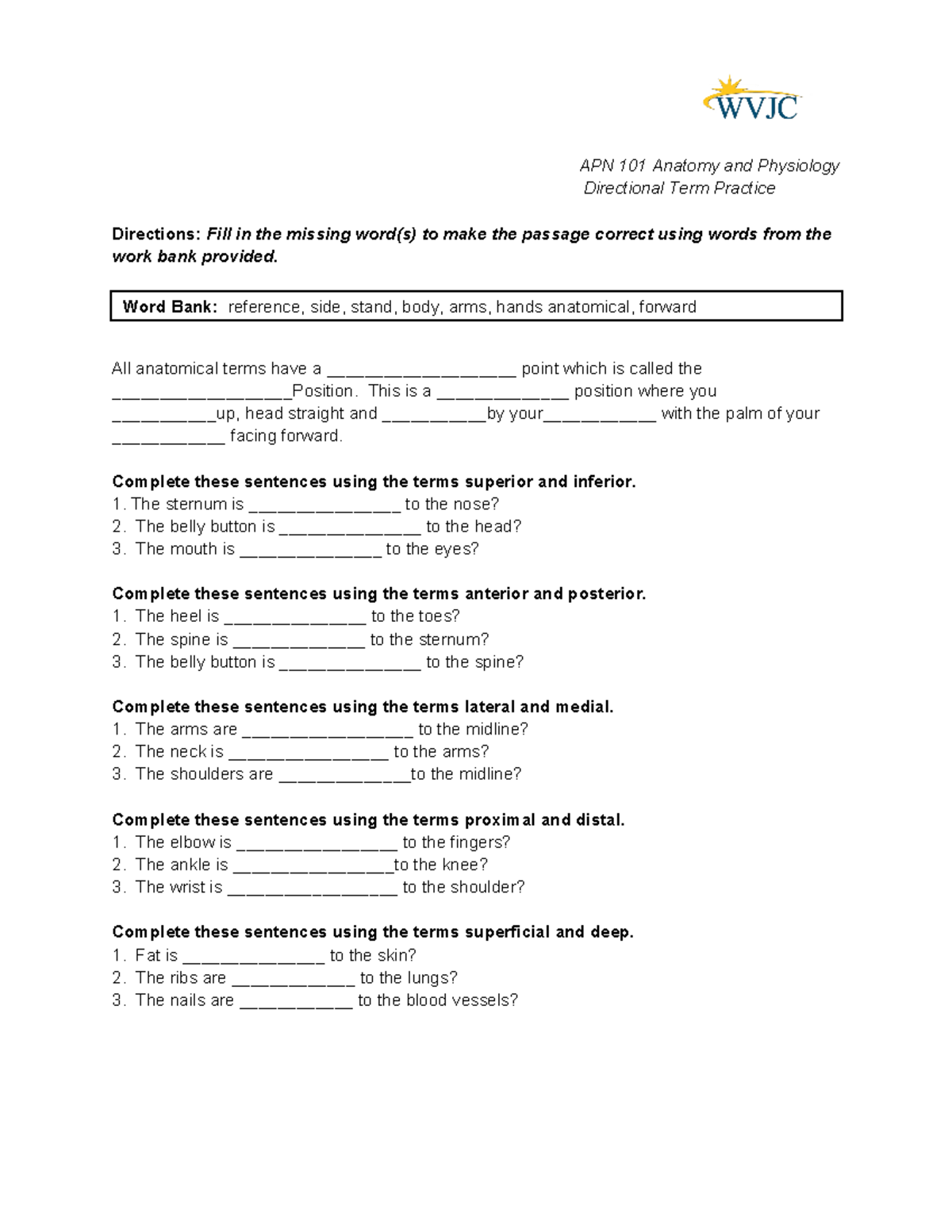 APN 101 Week 1 Anatomy & Physiology Directional Terms Assignment - Studocu