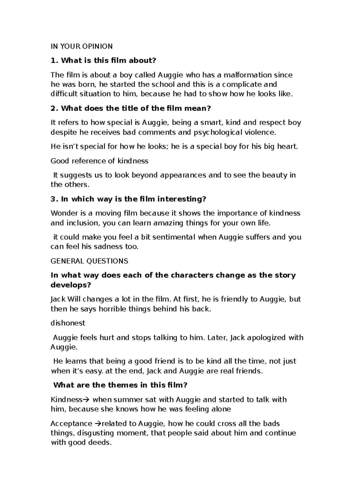 Film Analysis: Points of View on "Wonder" (ENG 101) - Studocu