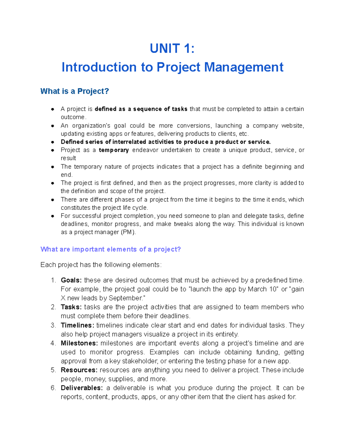 UNIT 1: Intro to Project Management - Key Concepts and Elements - Studocu