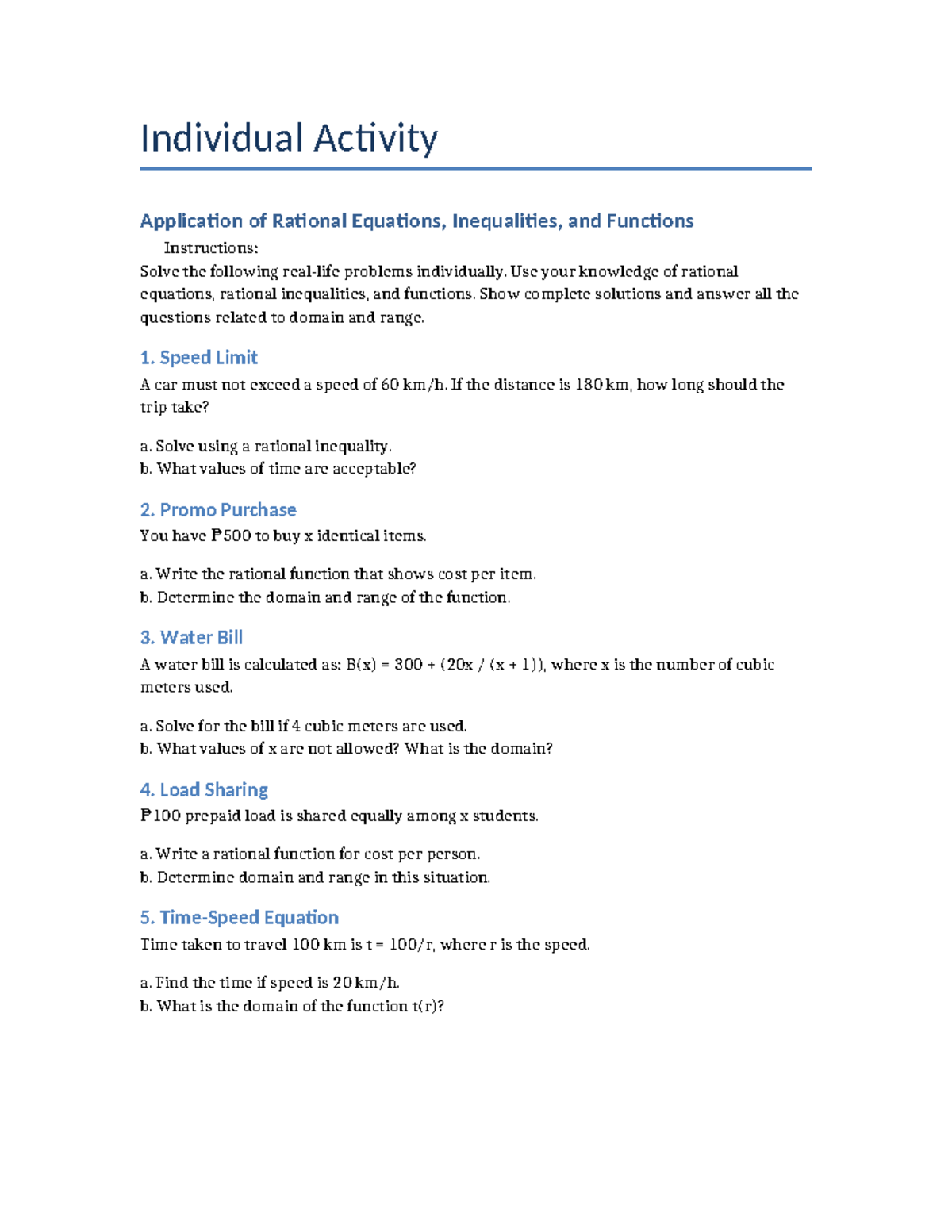 Individual Activity: Rational Equations & Inequalities (W5) - Studocu