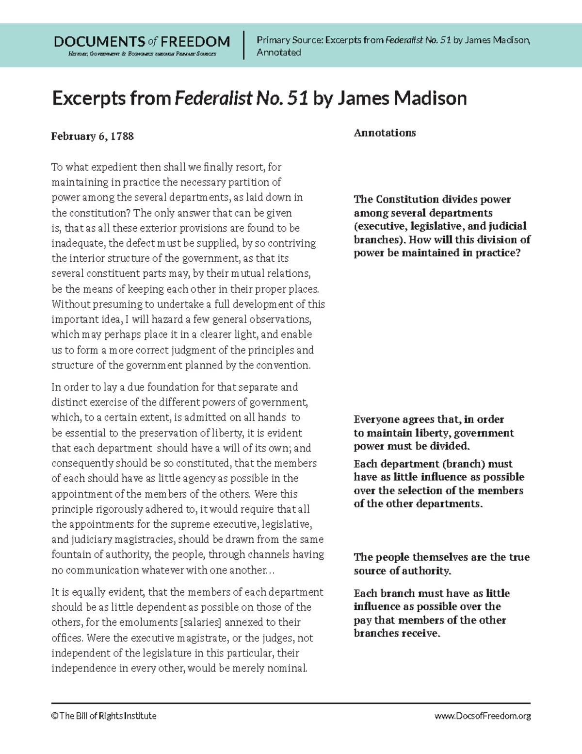 Federalist No 51 Excerpts Annotated proof 3 - © The Bill of Rights ...