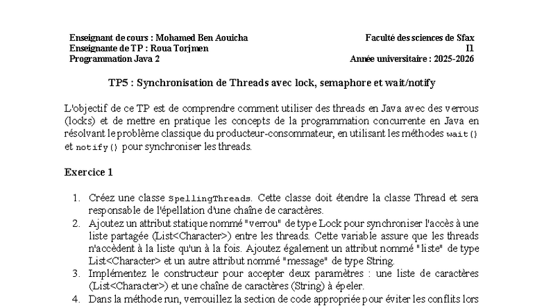 Java TP 5 - Synchronisation de Threads avec Multithreading - Studocu