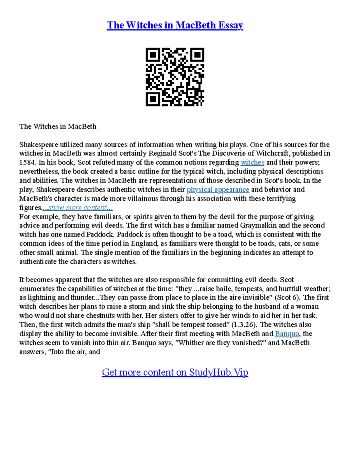 Macbeth Witches Essay - The Witches in MacBeth Essay The Witches in ...