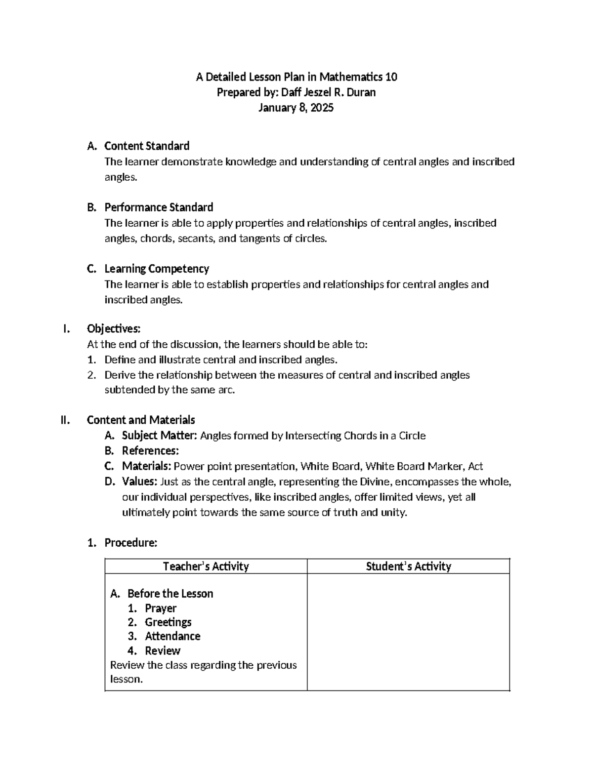 Mathematics 10 Detailed Lesson Plan: Central & Inscribed Angles - Studocu