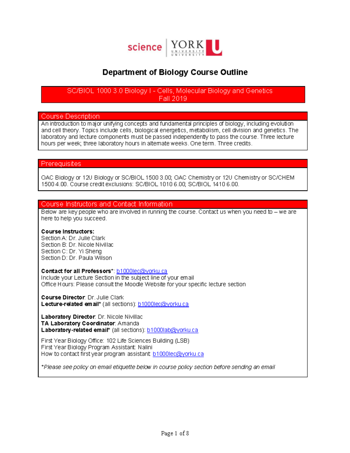 BIOL 3.0 F19 Course Outline: Cells, Molecular Biology & Genetics - Studocu