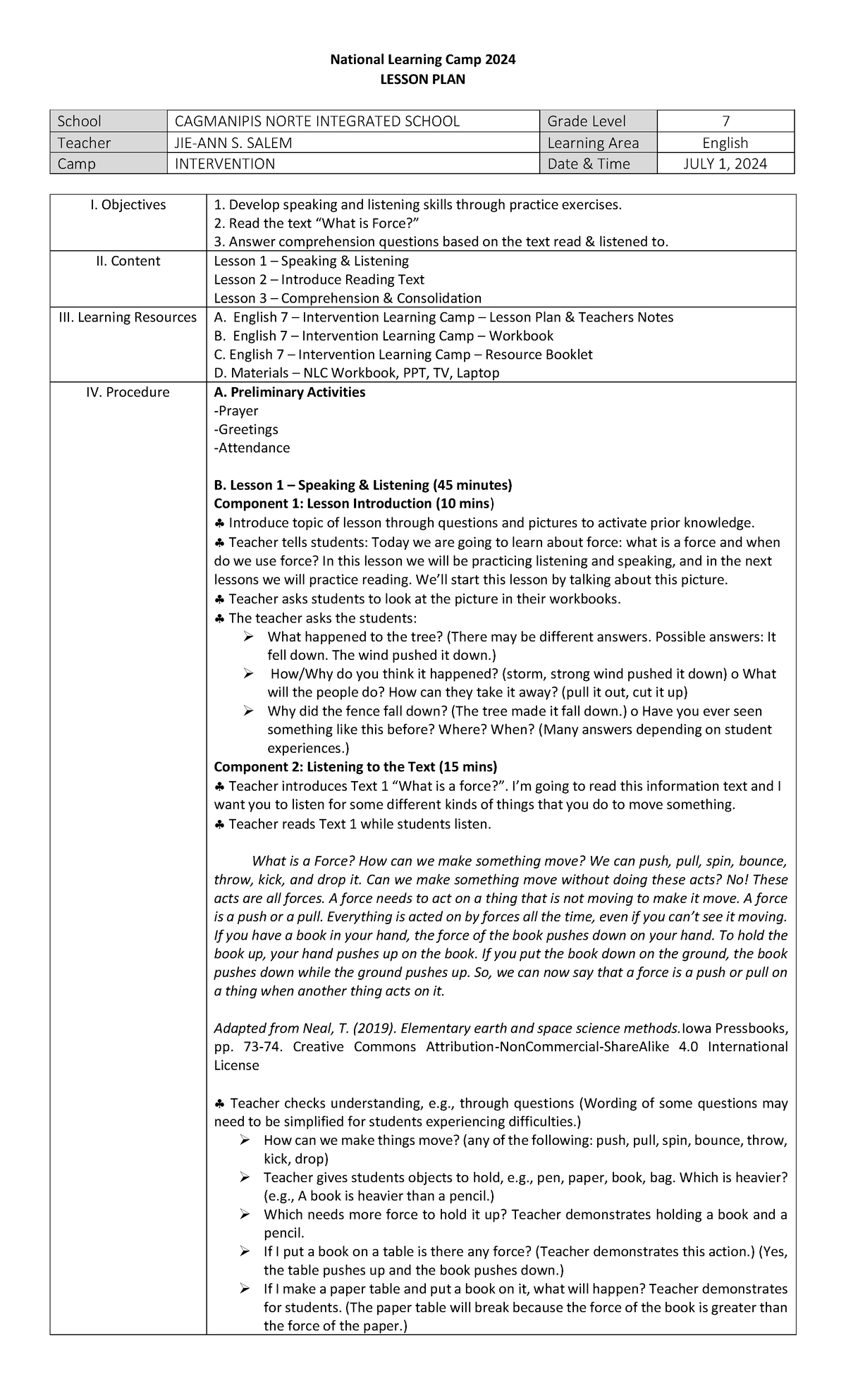 National Learning Camp 2024: Grade 7 English Lesson Plan - Studocu