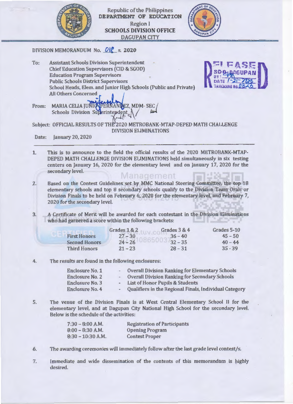 DIV MEMO 018 S 2020: Official Results of Metrobank MTAP DEPED MATH ...
