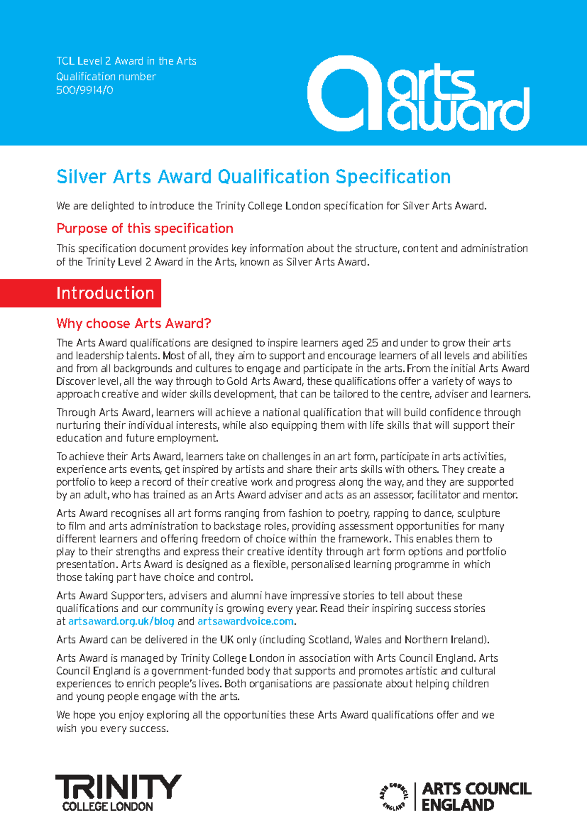 Silver Arts Award (TCL Level 2) Qualification Specification Guide - Studocu