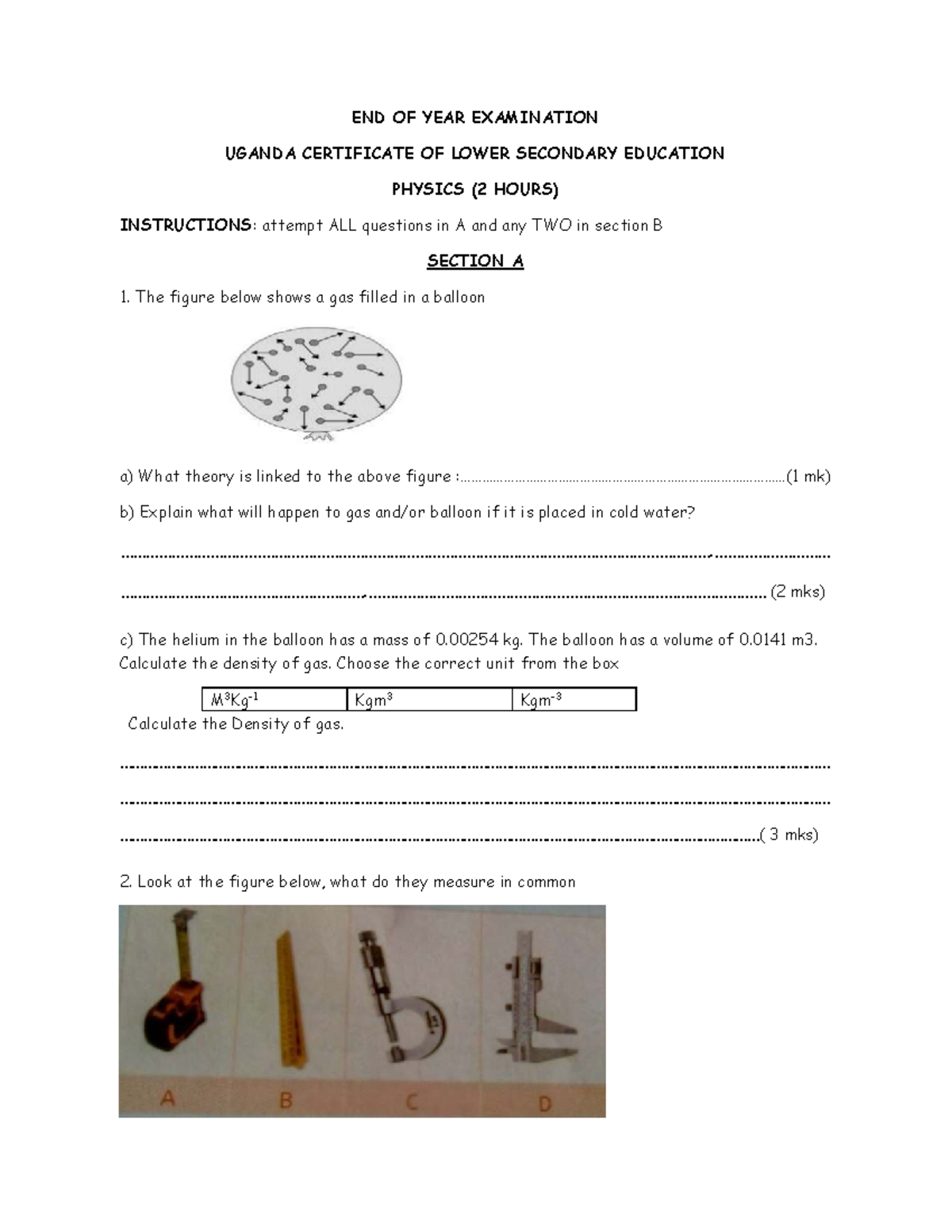 UGANDA CERTIFICATE OF LOWER SECONDARY EDUCATION PHYSICS FINAL EXAM ...